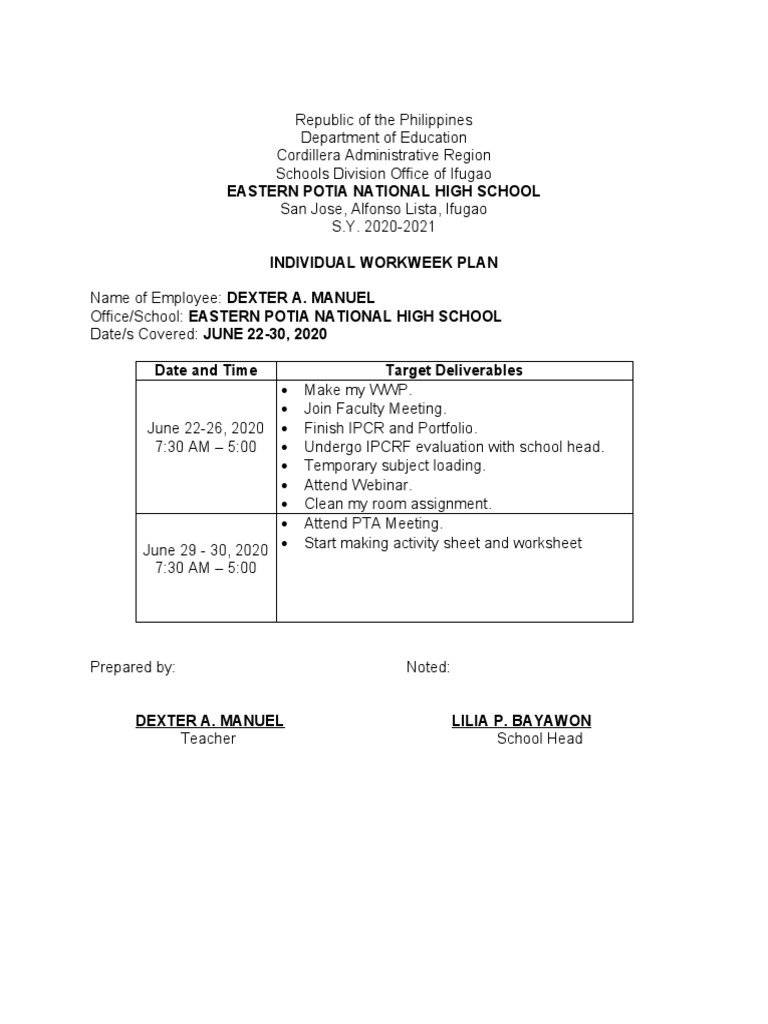 Individual Workweek Plan of Teacher Dexter Manuel | PDF | Behavior Modification | Learning