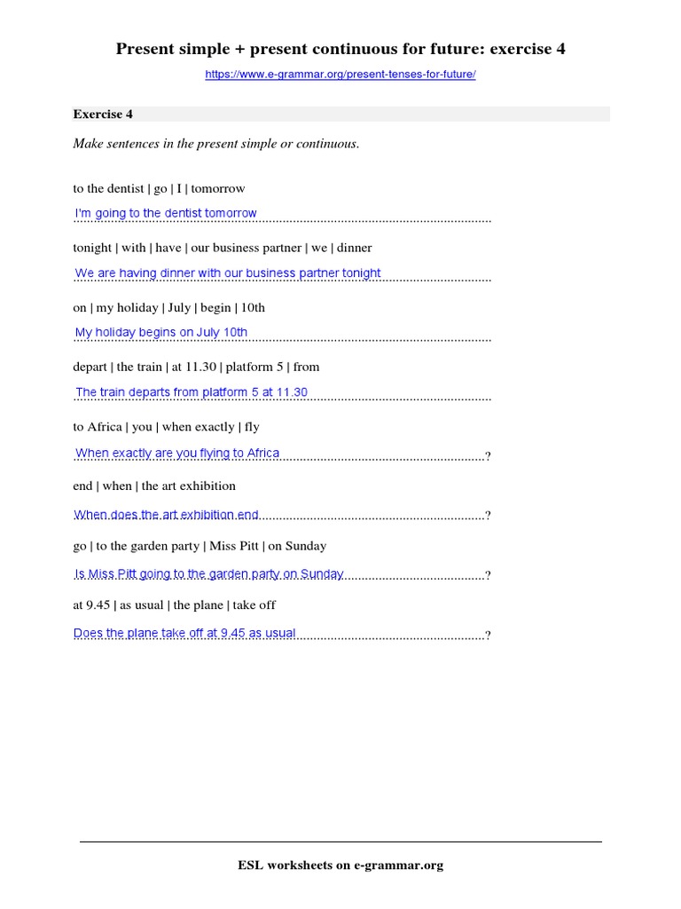 Present Simple Present Continuous For Future - Exercise 4 With Ak | PDF