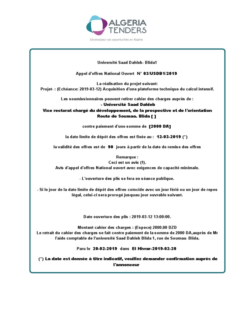 Université Blida Acquisition D'une Plateforme Technique Du Calcul Intensif | PDF
