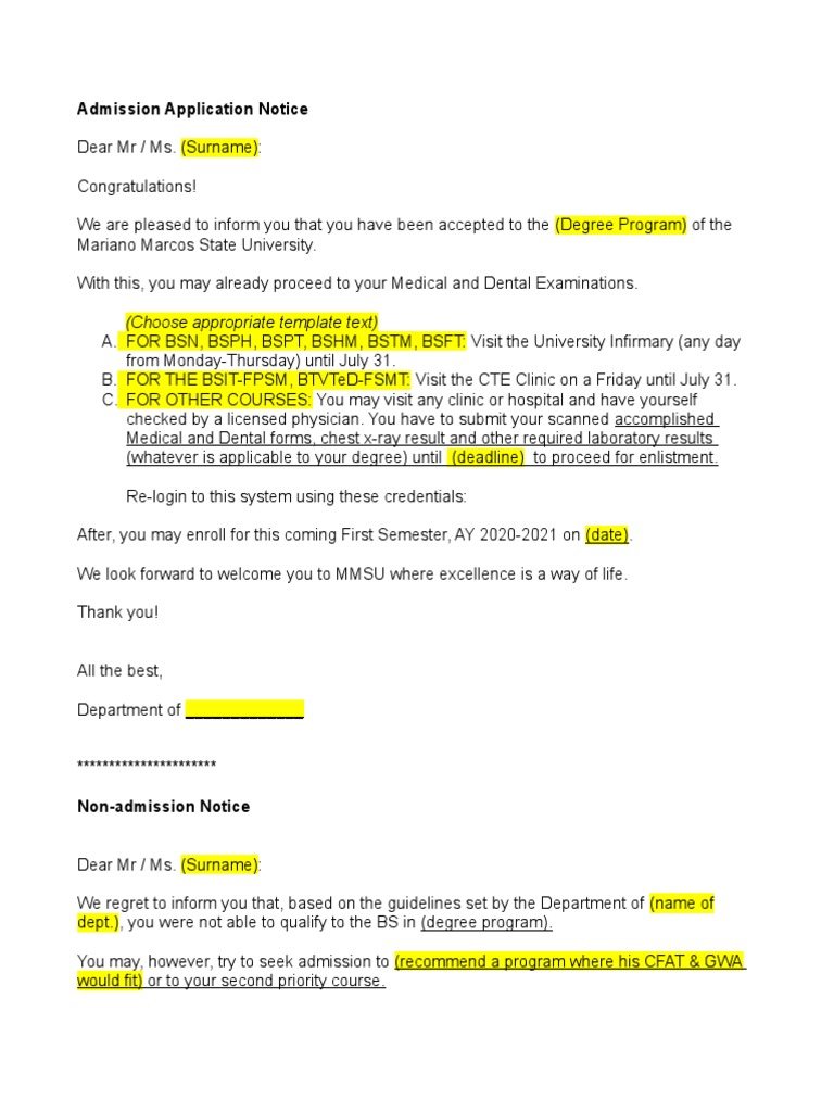 Admission Application Notice: (Choose Appropriate Template Text) | PDF