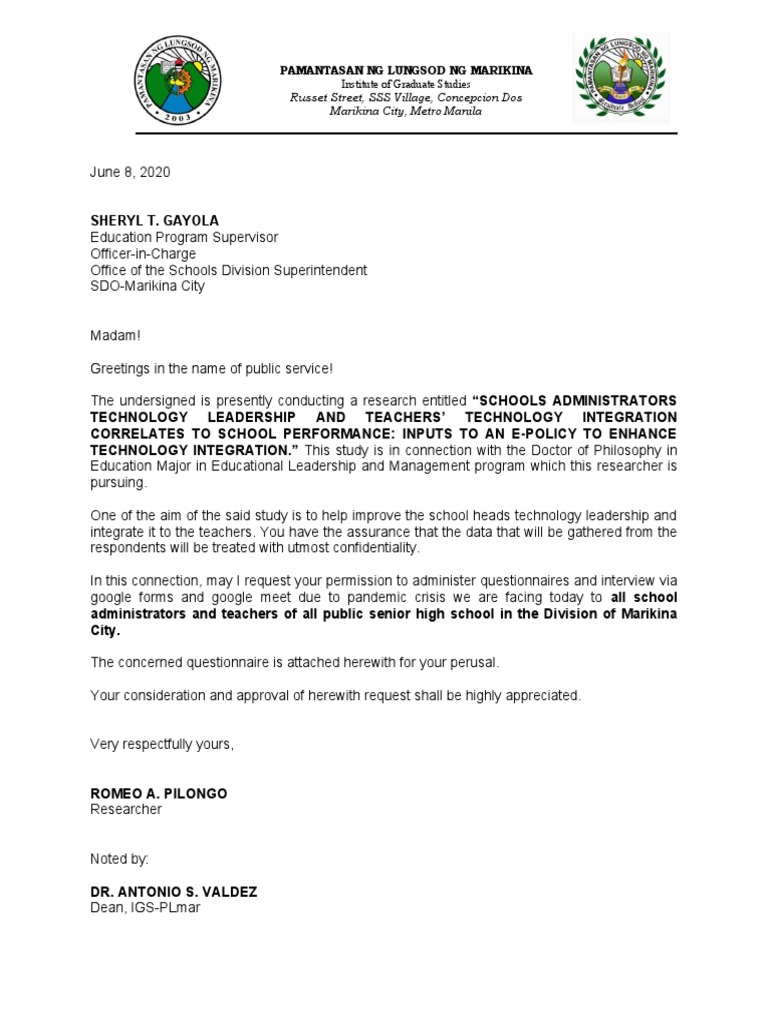 Letter To Conduct Study | PDF | Teachers | Information