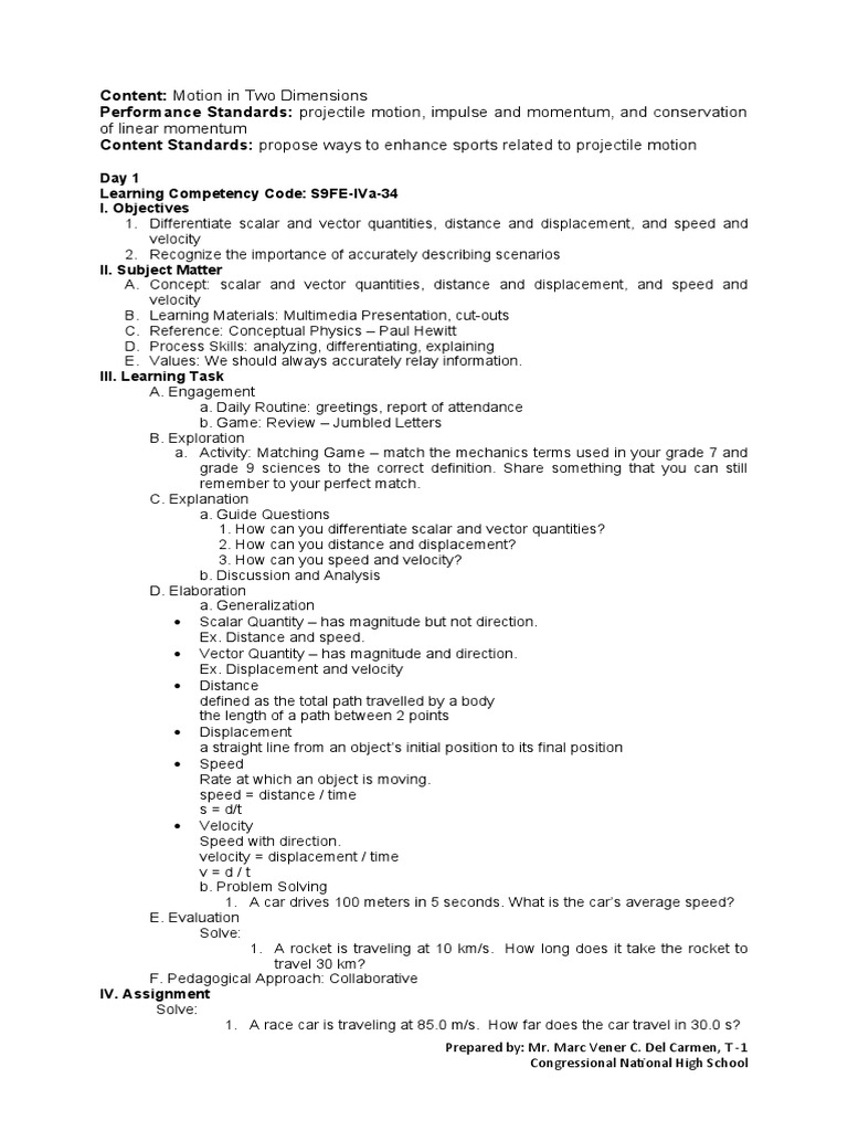 Grade 9 Science Physics 1 DLP | PDF | Collision | Momentum