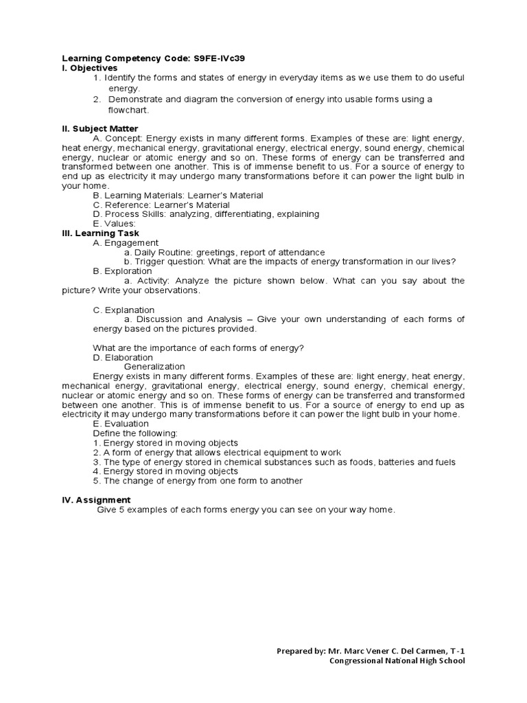 Grade 9 Science Physics 2 DLP | PDF | Turbine | Electric Generator