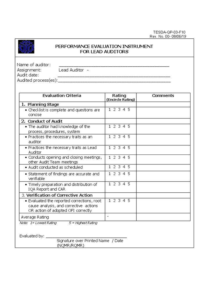Performance Evaluation Instrument For Lead Auditors: Evaluation ...