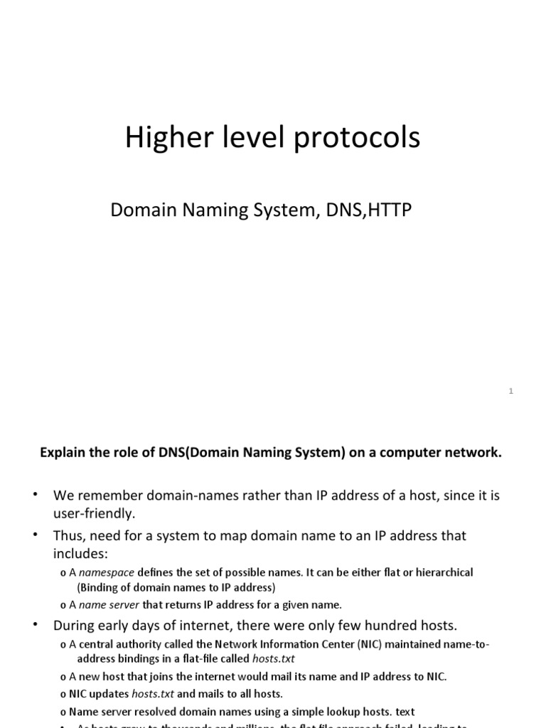 Higher Level Protocols: Domain Naming System, DNS, HTTP | PDF | Domain Name System | Domain Name