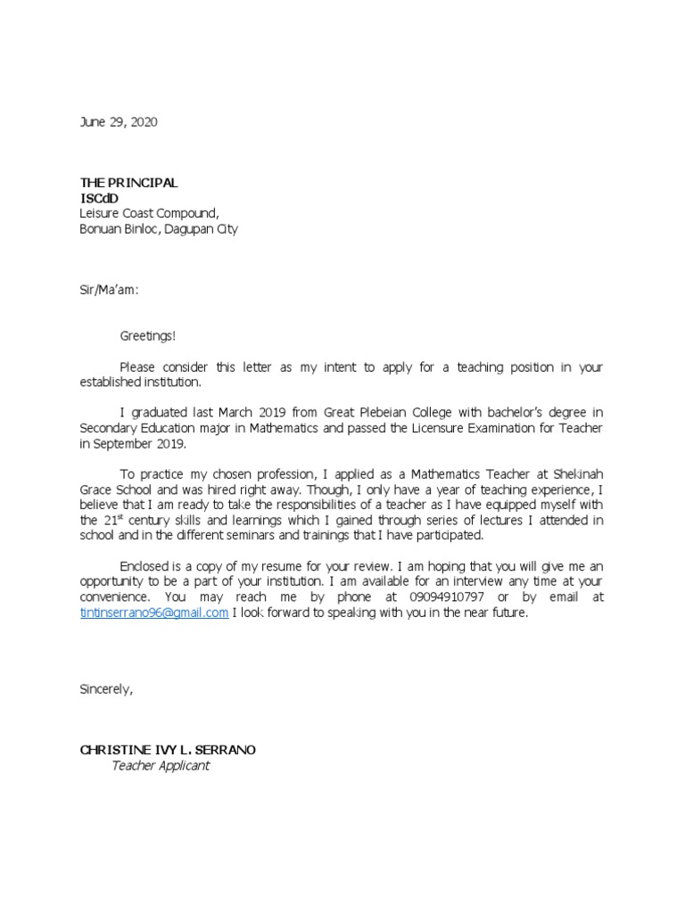 The Principal Iscdd: Teacher Applicant | PDF