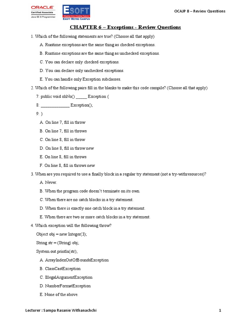 OCAJP 8 Chapter 6: Exceptions Review | PDF | Programming Paradigms ...
