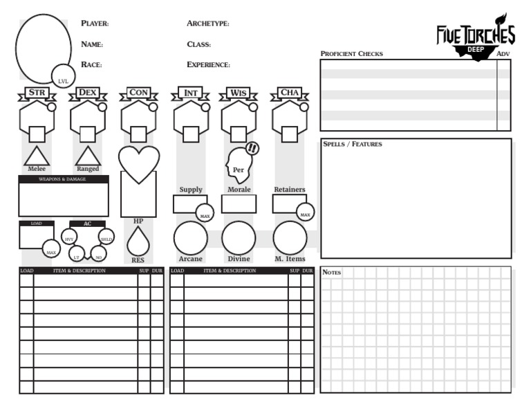 Character Sheet (Five Torches Deep) | PDF