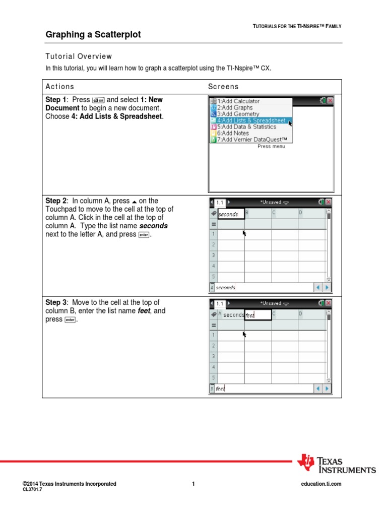 TI-Nspire Graphing A Scatterplot | PDF | Scatter Plot | Spreadsheet