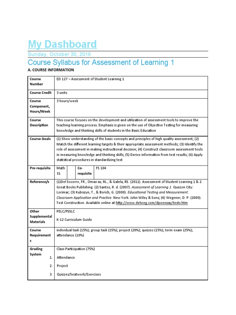My Dashboard: Course Syllabus For Assessment of Learning 1 | PDF ...