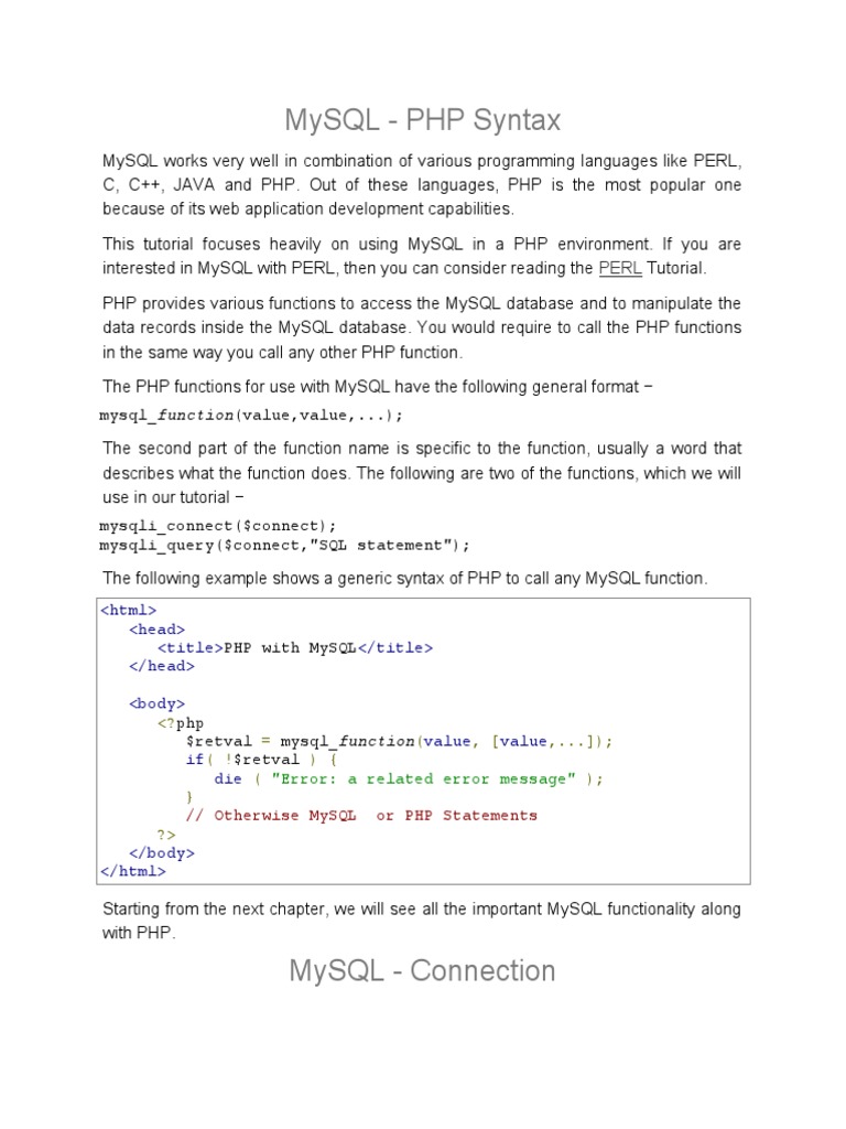 Mysql - PHP Syntax: Mysql - Function (Value, Value,... ) | PDF