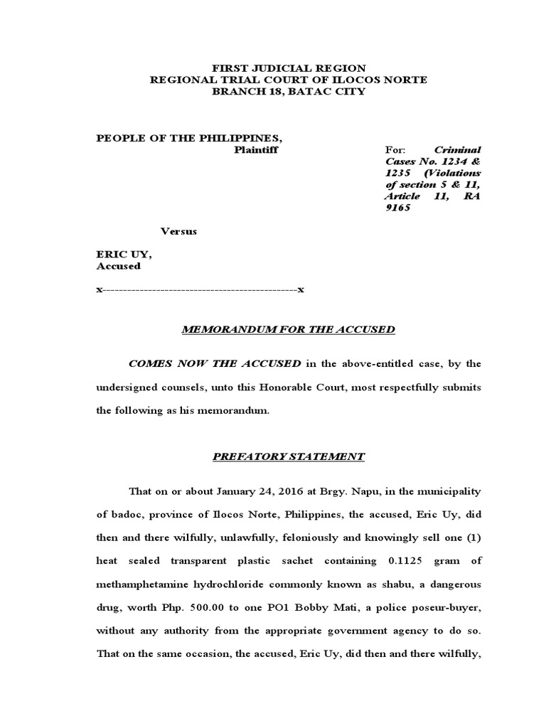 Eric Uy Drug Case Defense Memo | PDF | Burden Of Proof (Law) | Search ...