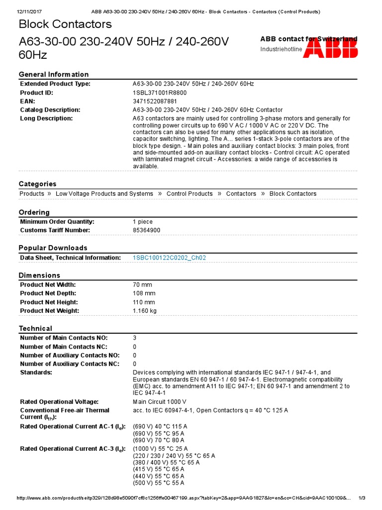 ABB A63-30-00 230-240V 50Hz - 240-260V 60Hz - Block Contactors ...