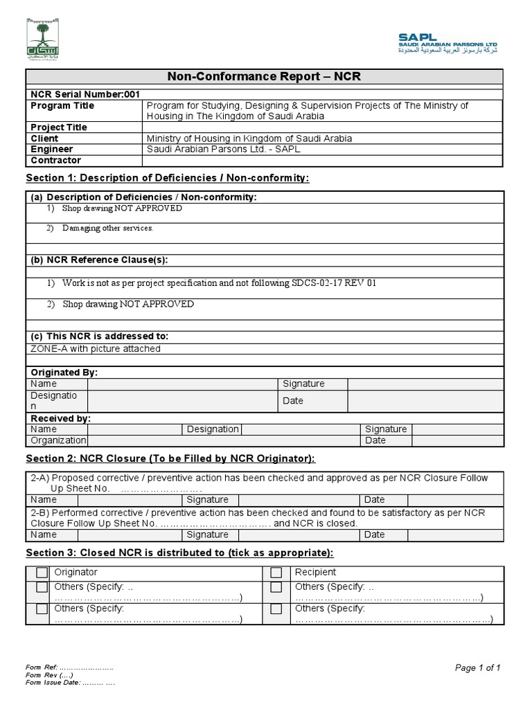 Non-Conformance Report - NCR: Section 1: Description of Deficiencies ...