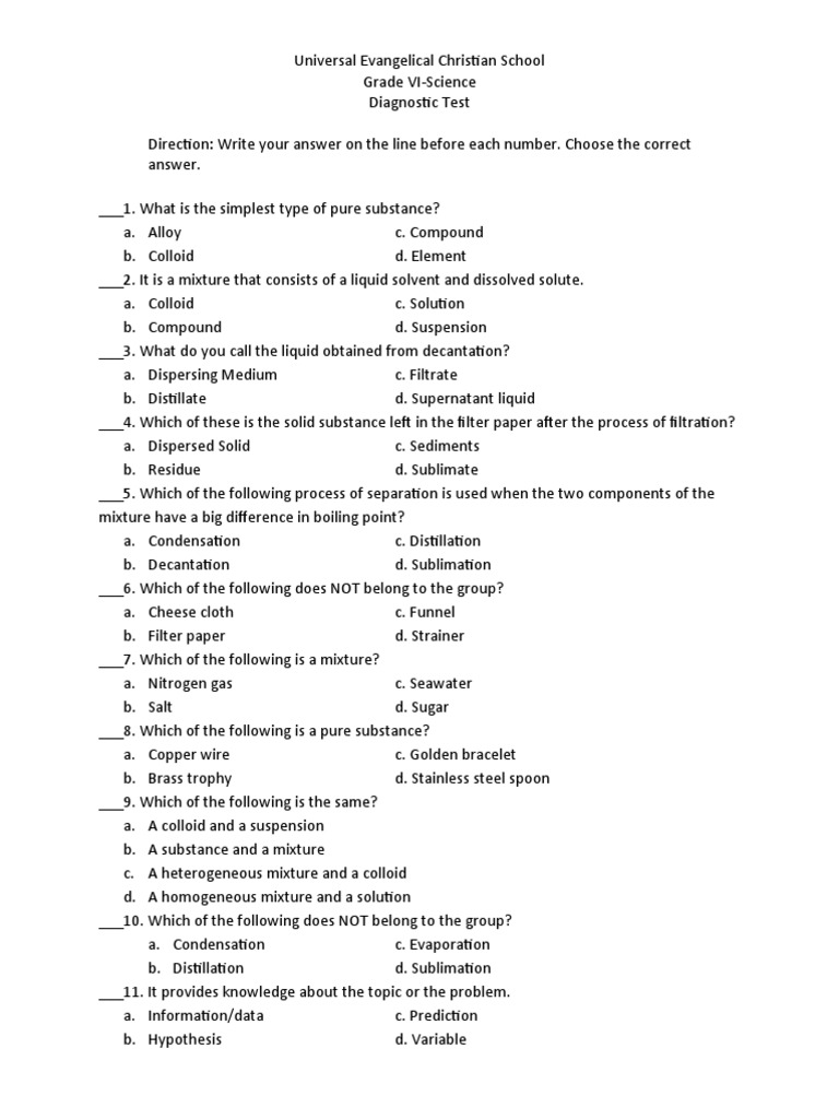 SCIENCE-Diagnostic Test | PDF | Solution | Filtration
