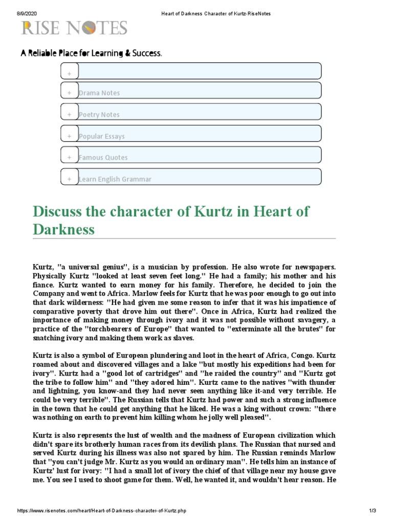 6 - Heart of Darkness Character of Kurtz-RiseNotes | PDF | Kurtz (Heart ...