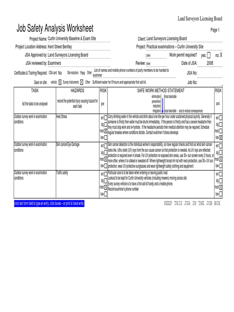 Job Safety Analysis Worksheet: Land Surveyors Licensing Board | PDF ...