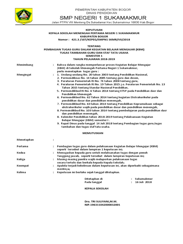 SK Pembagian Tugas Mengajar Guru | PDF