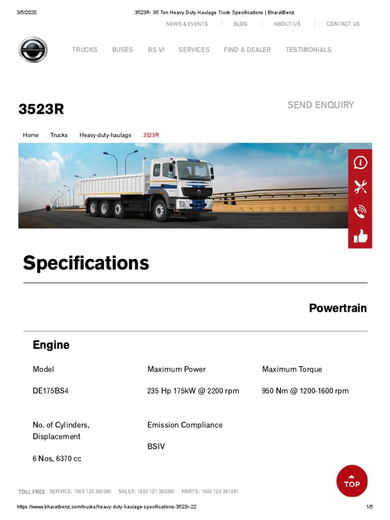 3523R - 35 Ton Heavy Duty Haulage Truck Specifications - BharatBenz ...