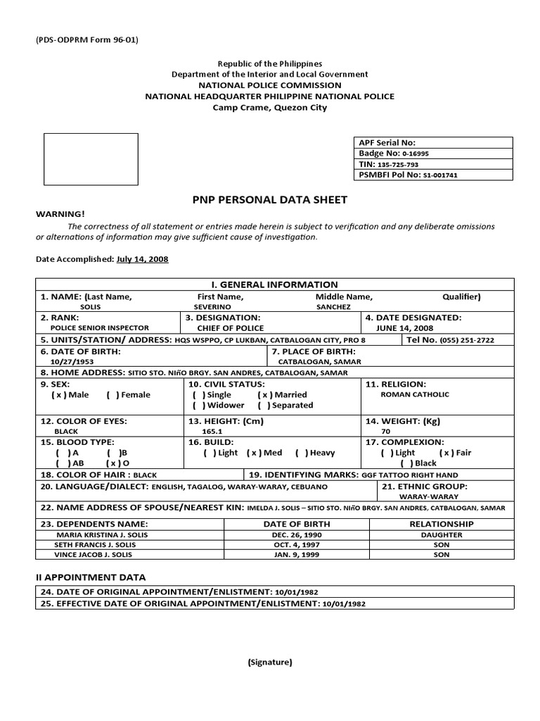 PNP Personal Data Sheet: I. General Information | PDF | Law Enforcement ...