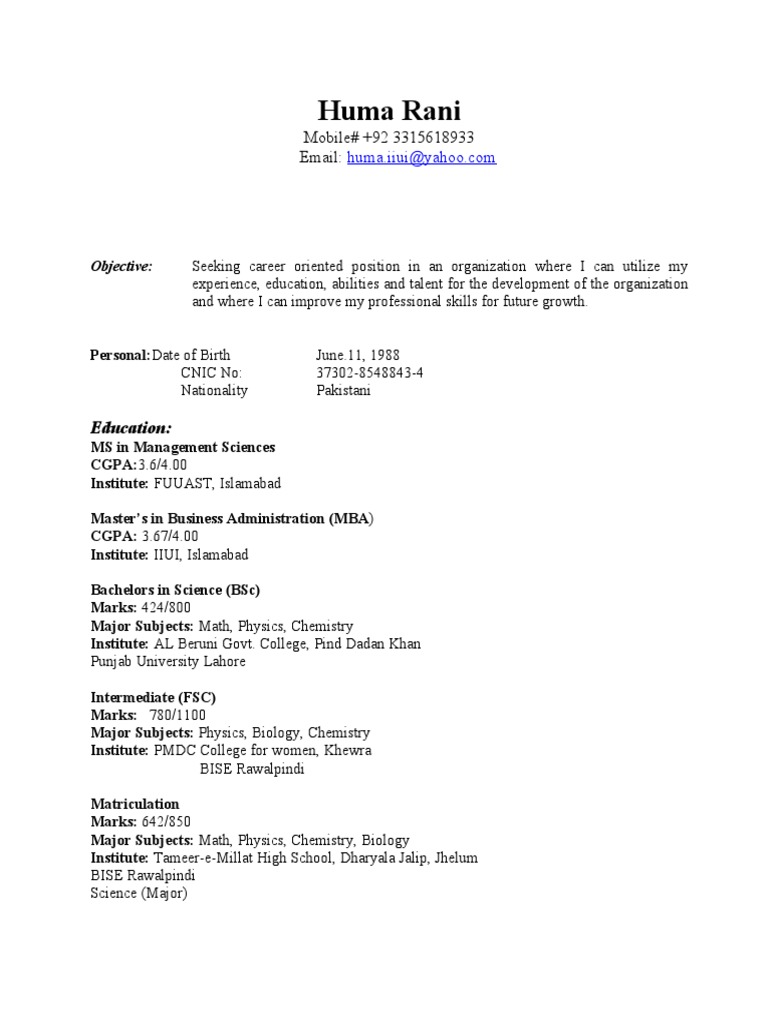 CV For Lecturer Huma | PDF | Islamabad | World Politics