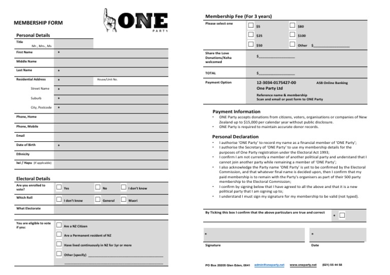 ONE Party Membership Form | PDF | Voting | Elections
