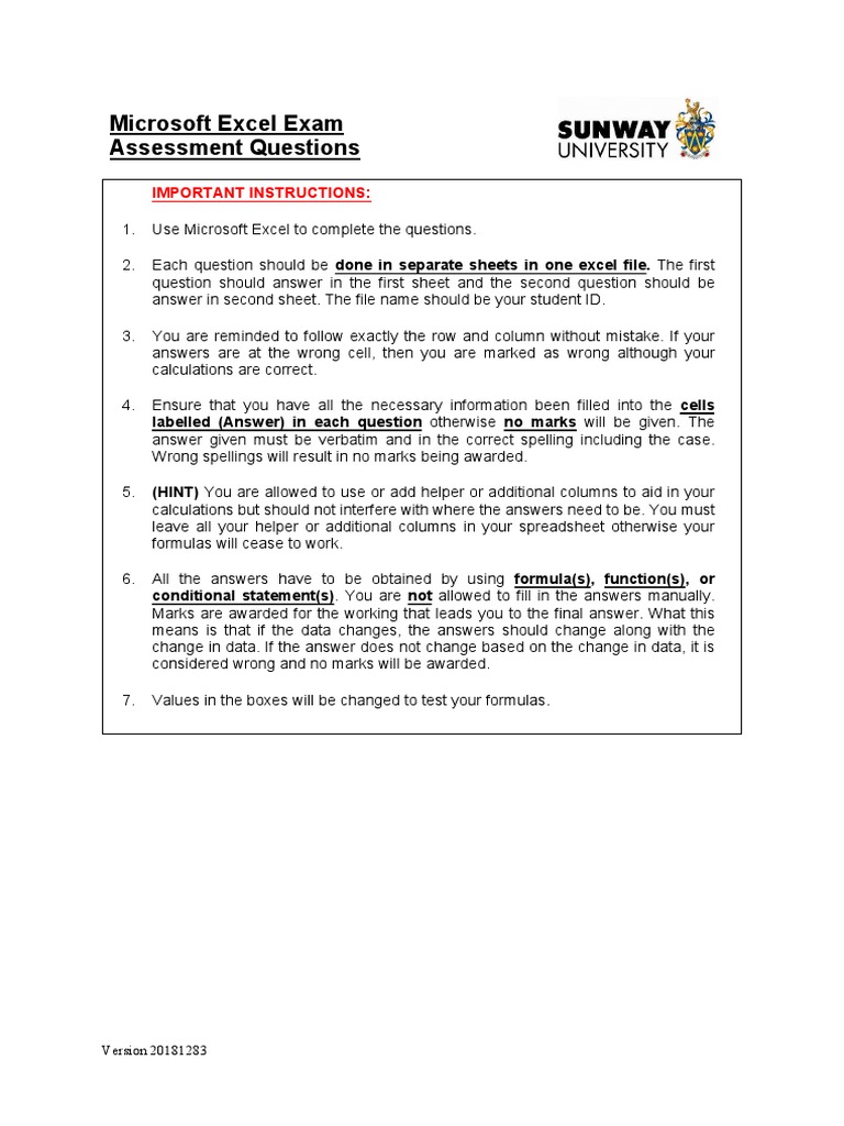 Microsoft Excel Exam Assessment Questions: Important Instructions | PDF ...