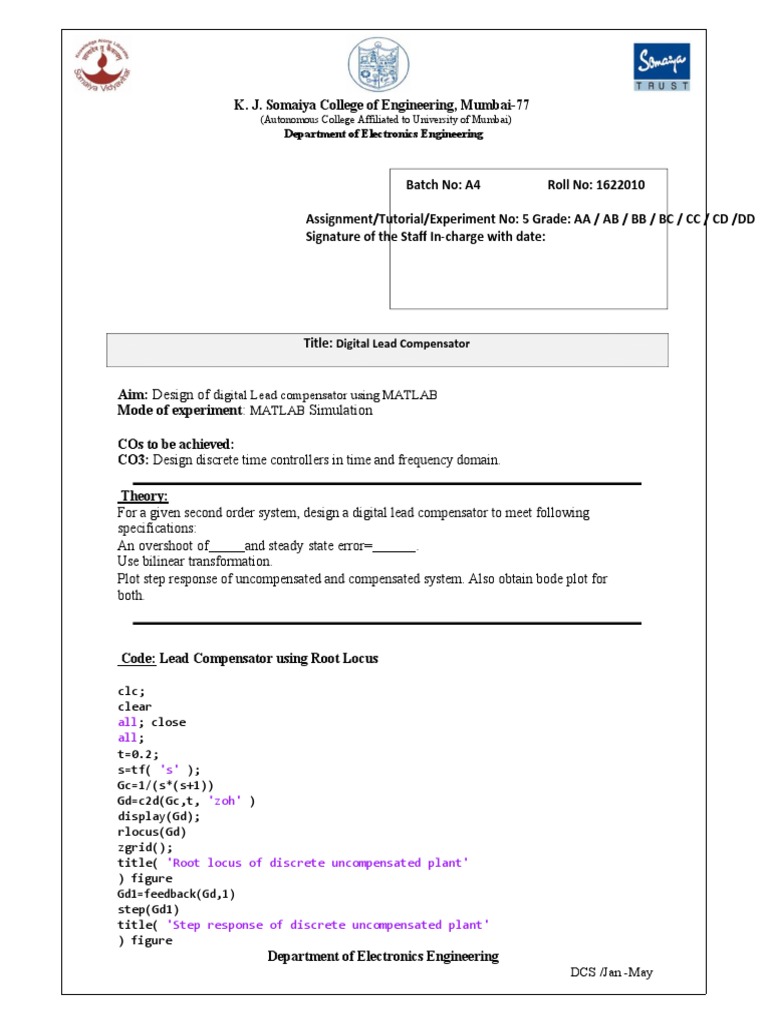Digital Lead Compensator Design and Analysis using MATLAB Simulation ...