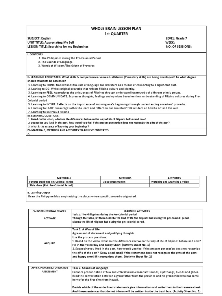 Whole Brain Lesson Plan 1St Quarter: I. Contents | PDF | Wisdom | Learning