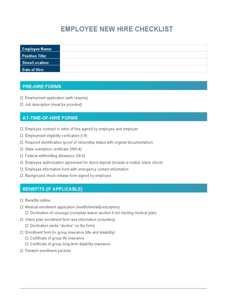 Employee New Hire Checklist | PDF | Career & Growth