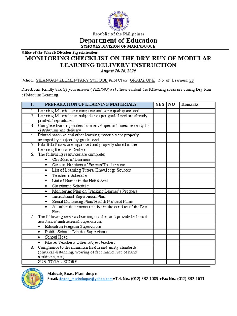 Department of Education: Monitoring Checklist On The Dry-Run of Modular ...