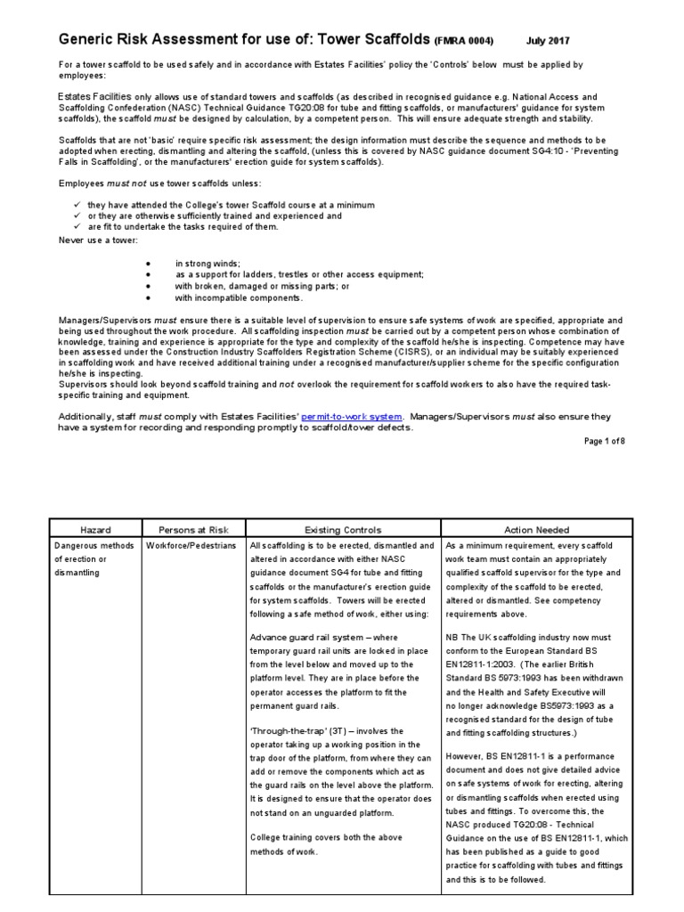 Generic Risk Assessment For Use Of: Tower Scaffolds: Estates Facilities ...