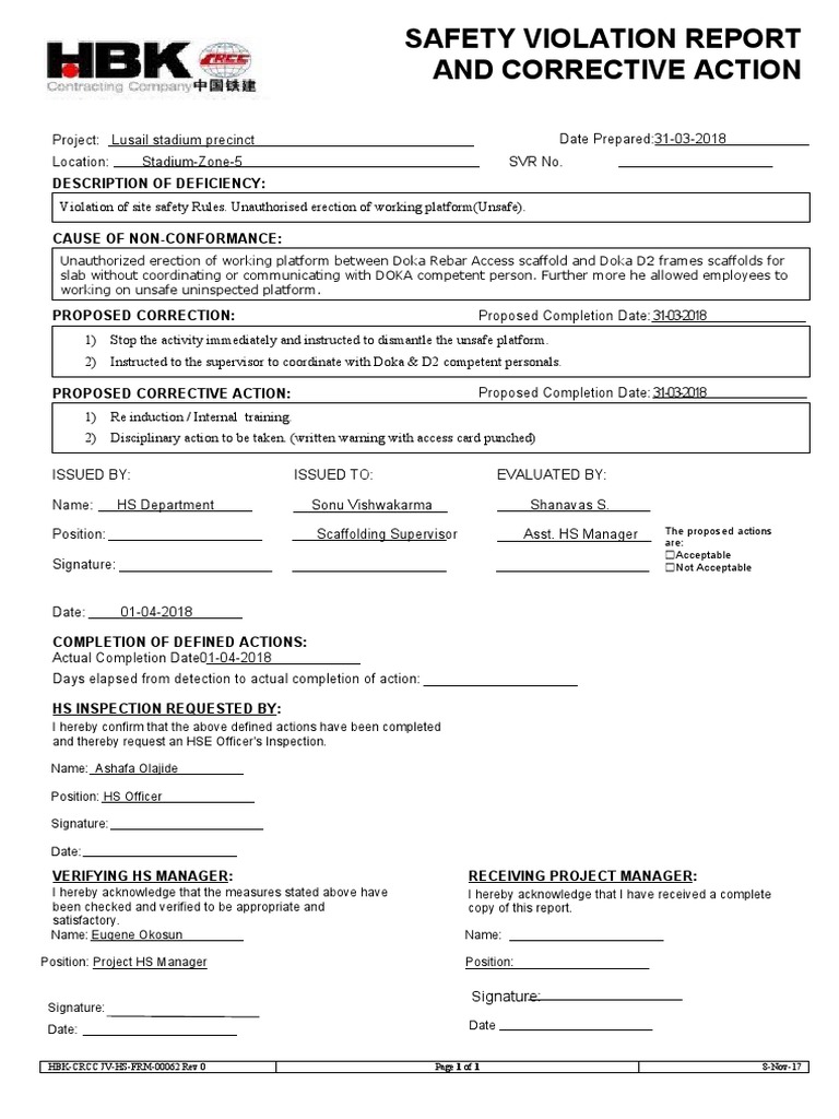 Safety Violation Report and Corrective Action: Location: Description of ...