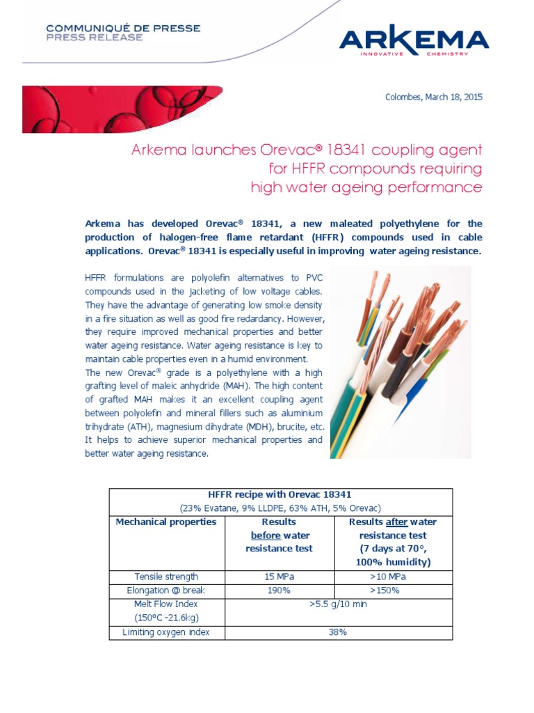 Arkema Launches Orevac 18341 Coupling Agent For HFFR Compounds ...
