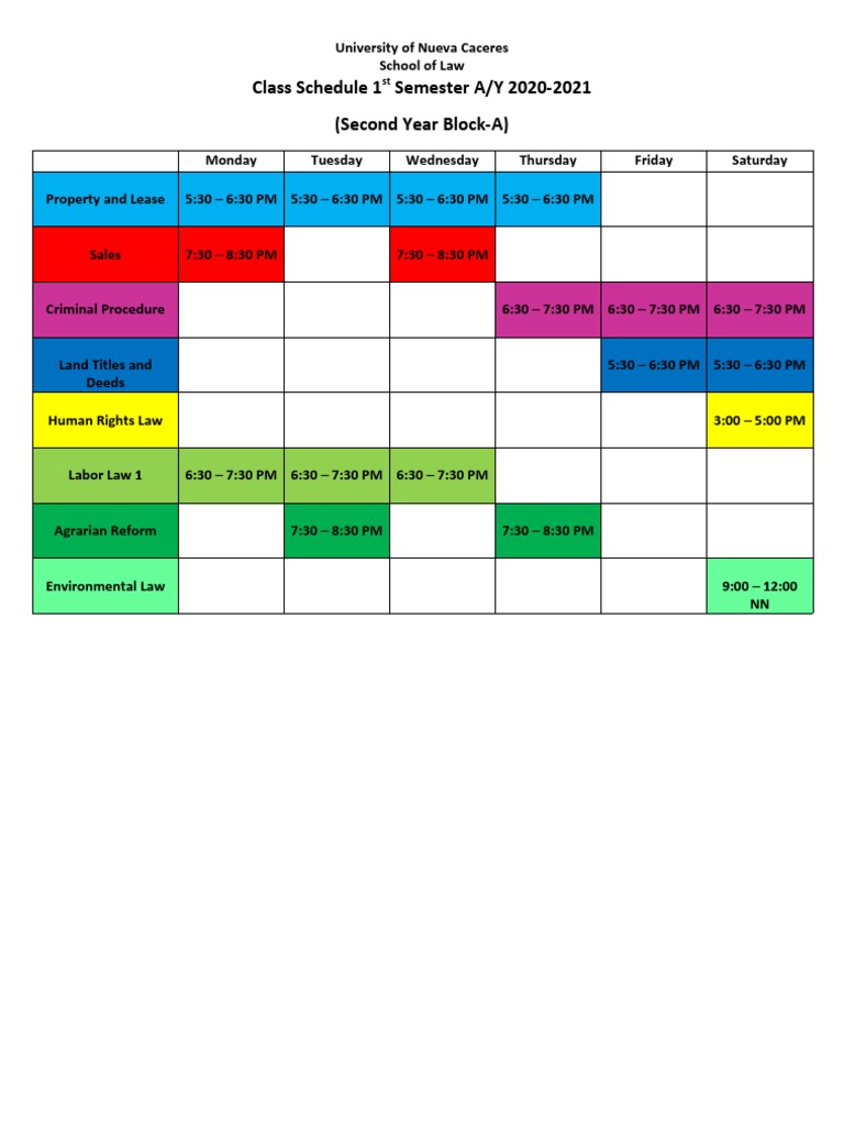 Class Schedule 1st Semester 2020 | PDF