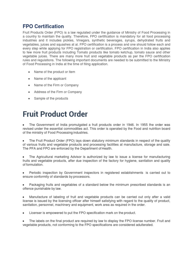 FPO Certification and MPO | PDF | Fruit Preserves | Vegetables