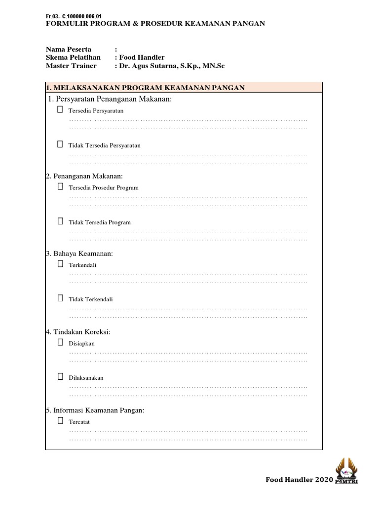 01-Formulir Program & Prosedur Keamanan Pangan | PDF