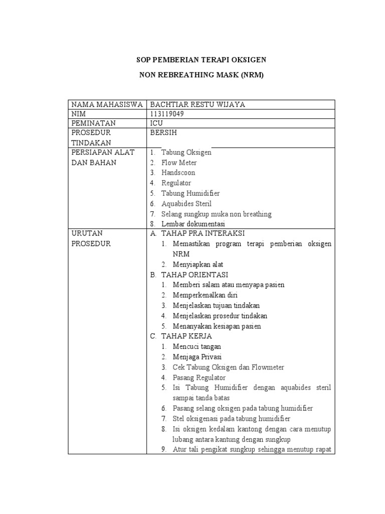 SOP Non Rebreathing Mask (NRM) | PDF