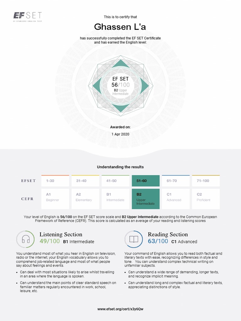 EF SET Certificate B2 Upper Intermediate English Level | PDF