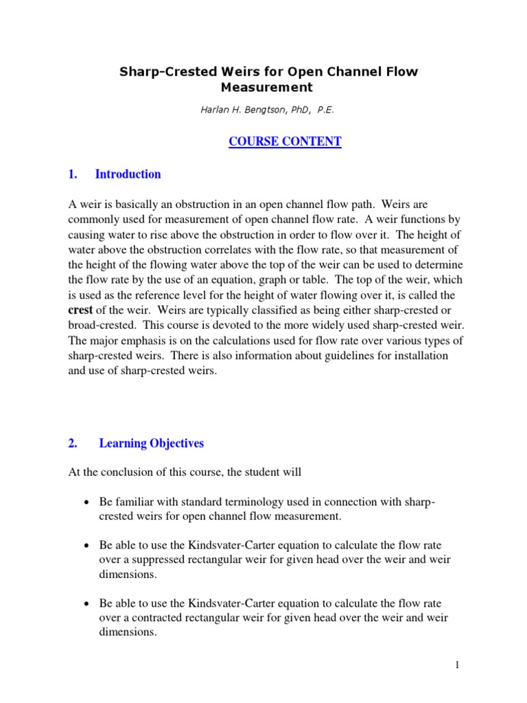 Sharp-Crested Weirs For Open Channel Flow Measurement: Course Content ...