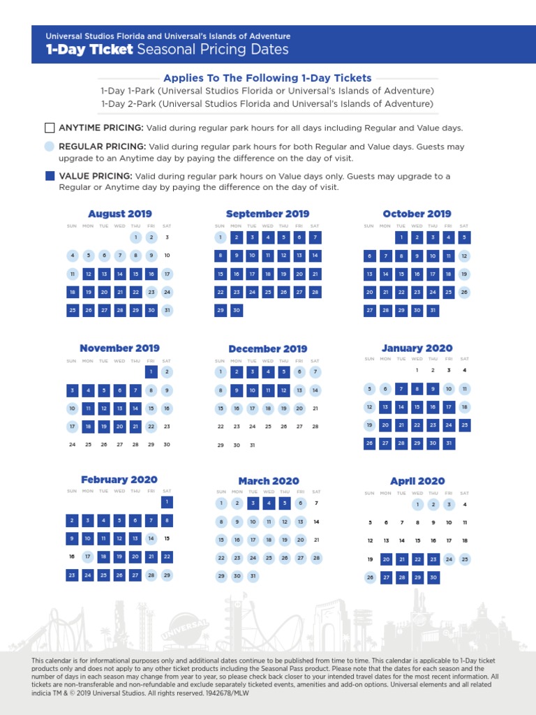 1-Day Ticket Seasonal Pricing Dates: Applies To The Following 1-Day ...