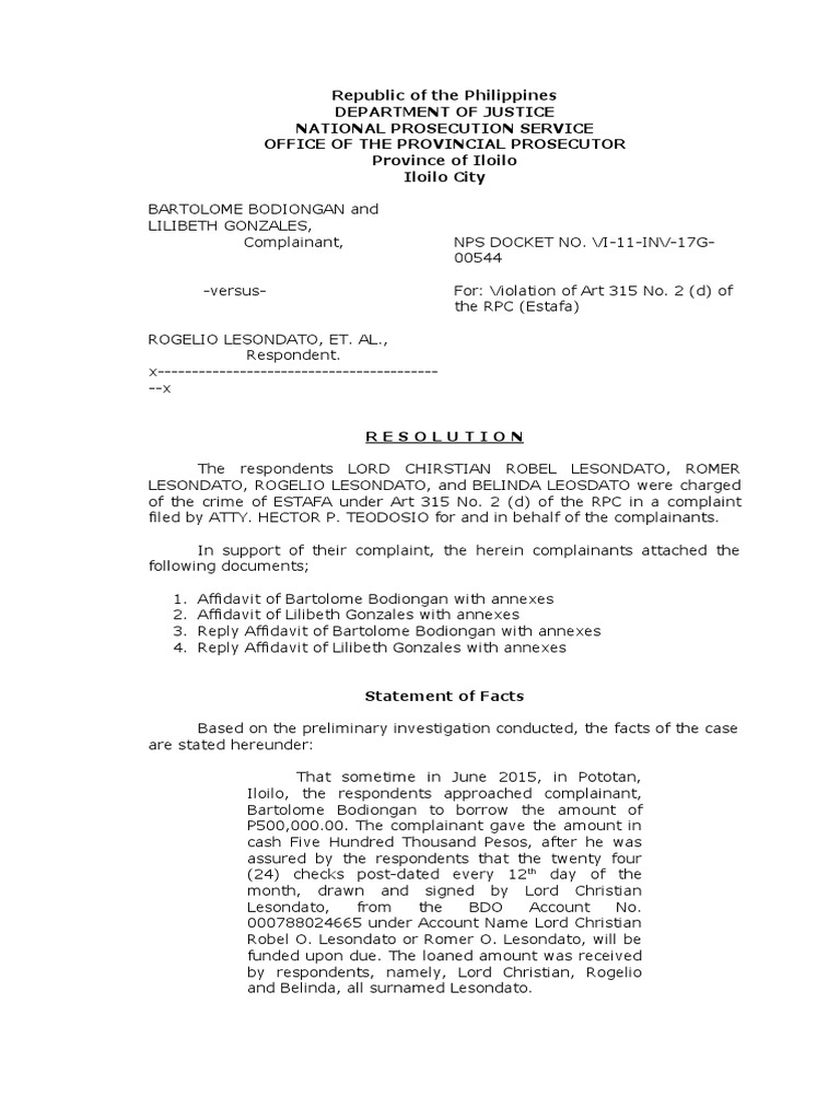 Estafa Case Resolution in Iloilo | PDF | Fraud | Cheque