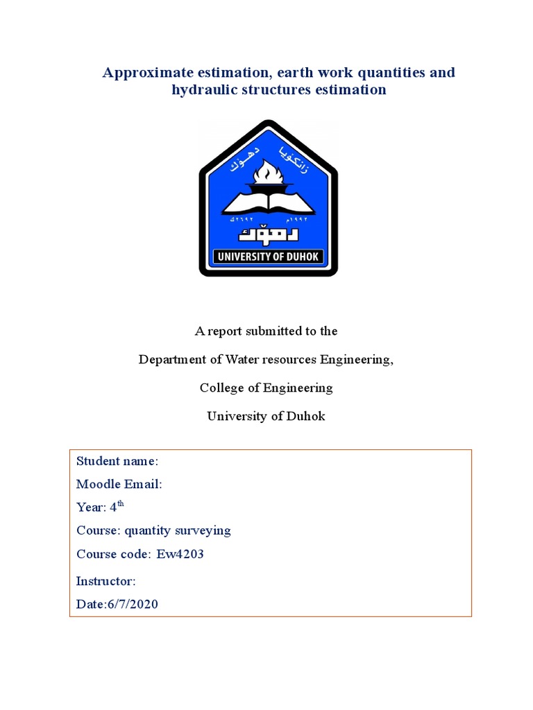 Approximate Estimation, Earth Work Quantities and Hydraulic Structures ...