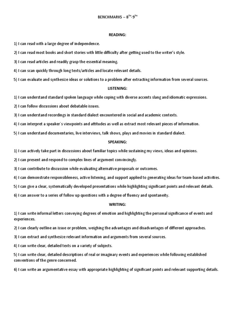 Benchmarks 8TH 9TH | PDF | Vocabulary | Essays