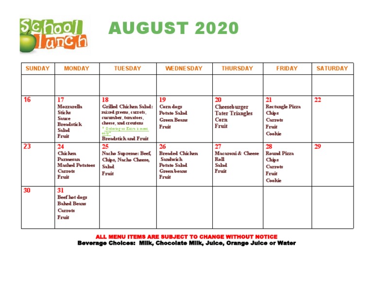 August Lunch Menu | PDF