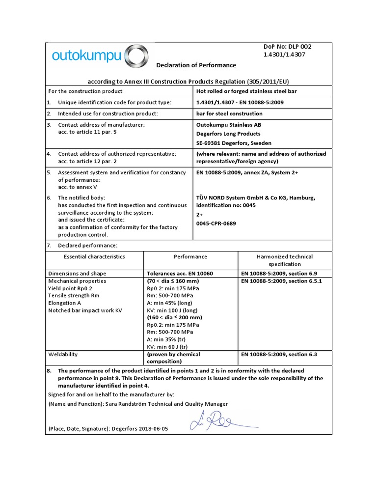Declaration of Performance DLP 002 1 - 4307 1 - 4301 | PDF | Government ...