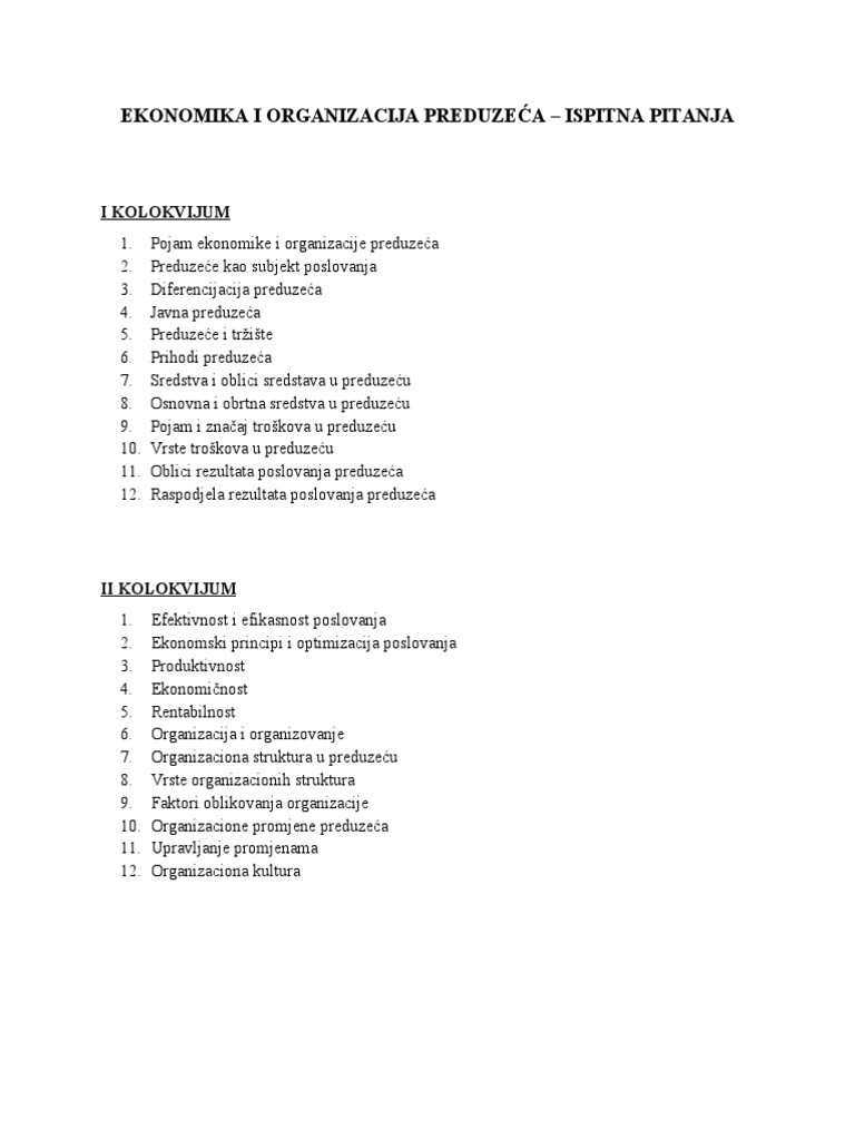 Ekonomika I Organizacija Preduzeća - Ispitna Pitanja | PDF
