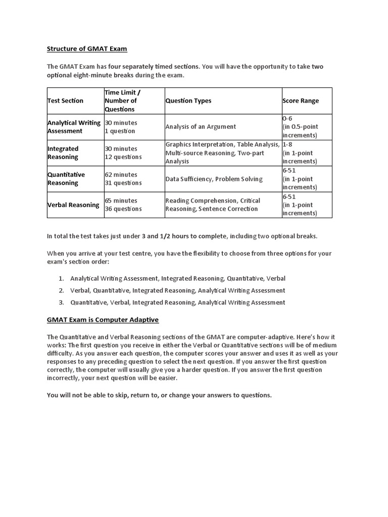 GMAT Exam Structure and Format: A Comprehensive Guide | PDF | Graduate ...