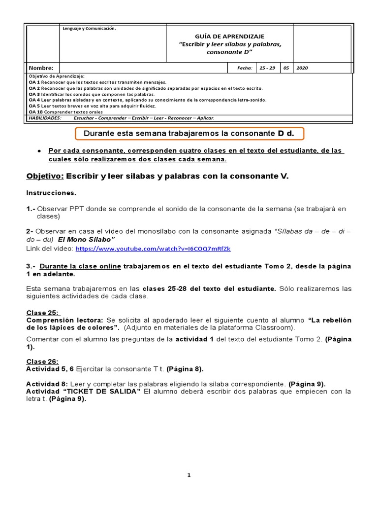 LENGUAJE, Leer y Escribir Sílabas y Palabras, Letra D Validado | PDF ...