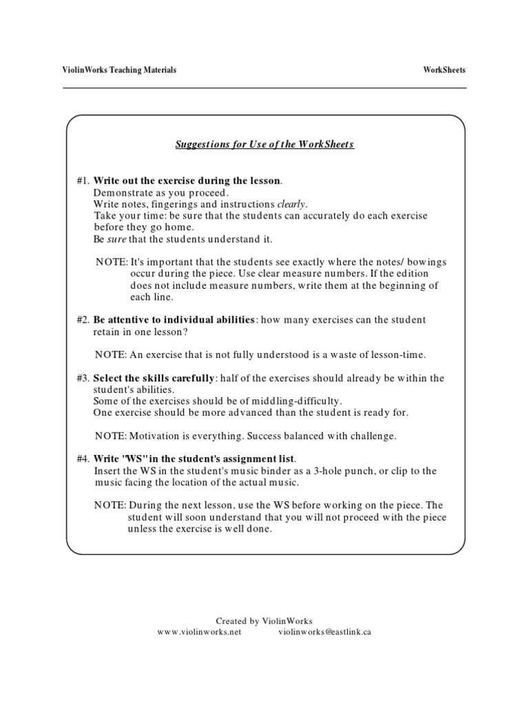 Violin Teaching Worksheet Guidelines | PDF